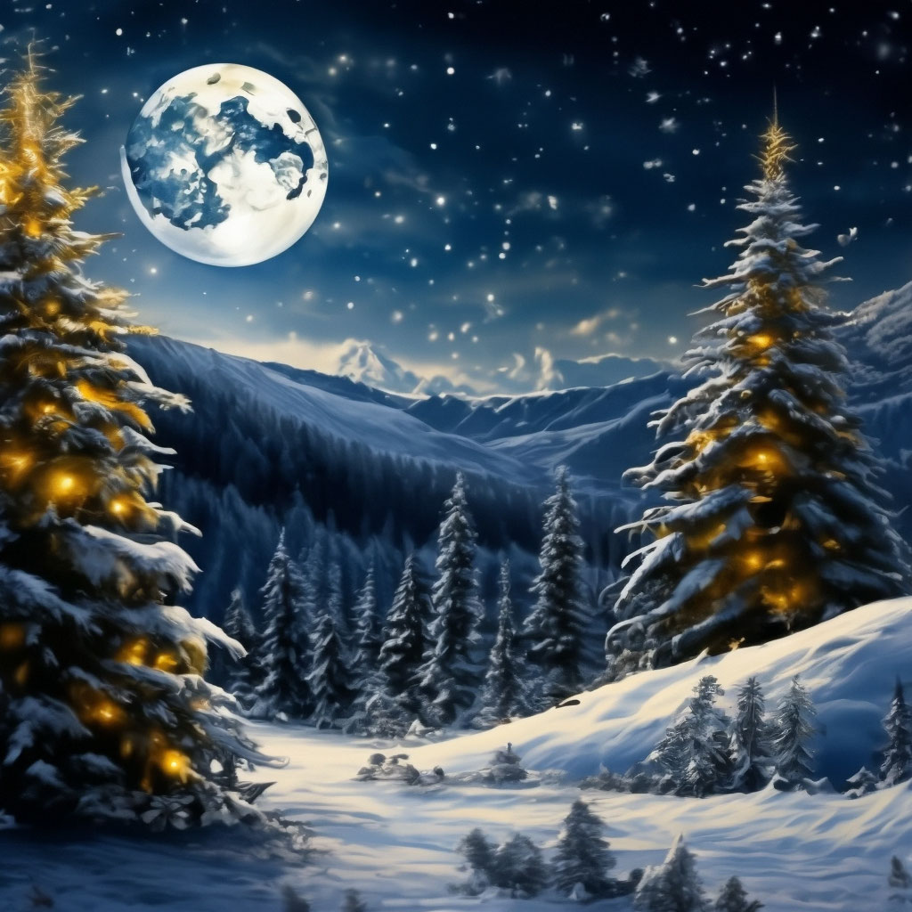 "🌲 Black background, yellow crescent moon,snow is falling,in the ...