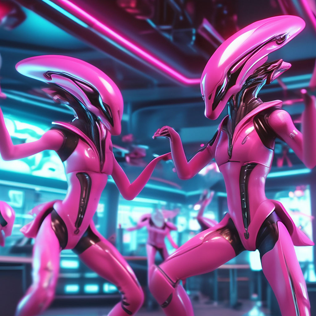 "Pink alien xenomorphs in heels dancing in a bar, futuristic, cyber ...