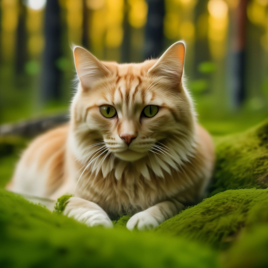 "A light beige cat is lying on a litter of grass and moss, wrapped up ...