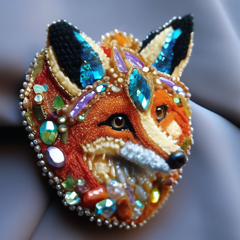 "Embroiderider, fox-Fenech embroidered brooch, iridescent thread ...