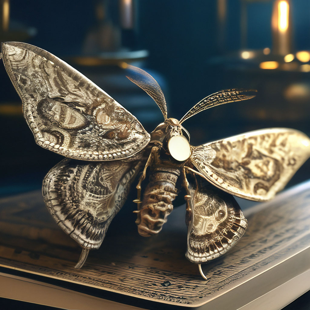 "Mystical fantastic hydromorphic braided Voynich moth, steampunk style ...