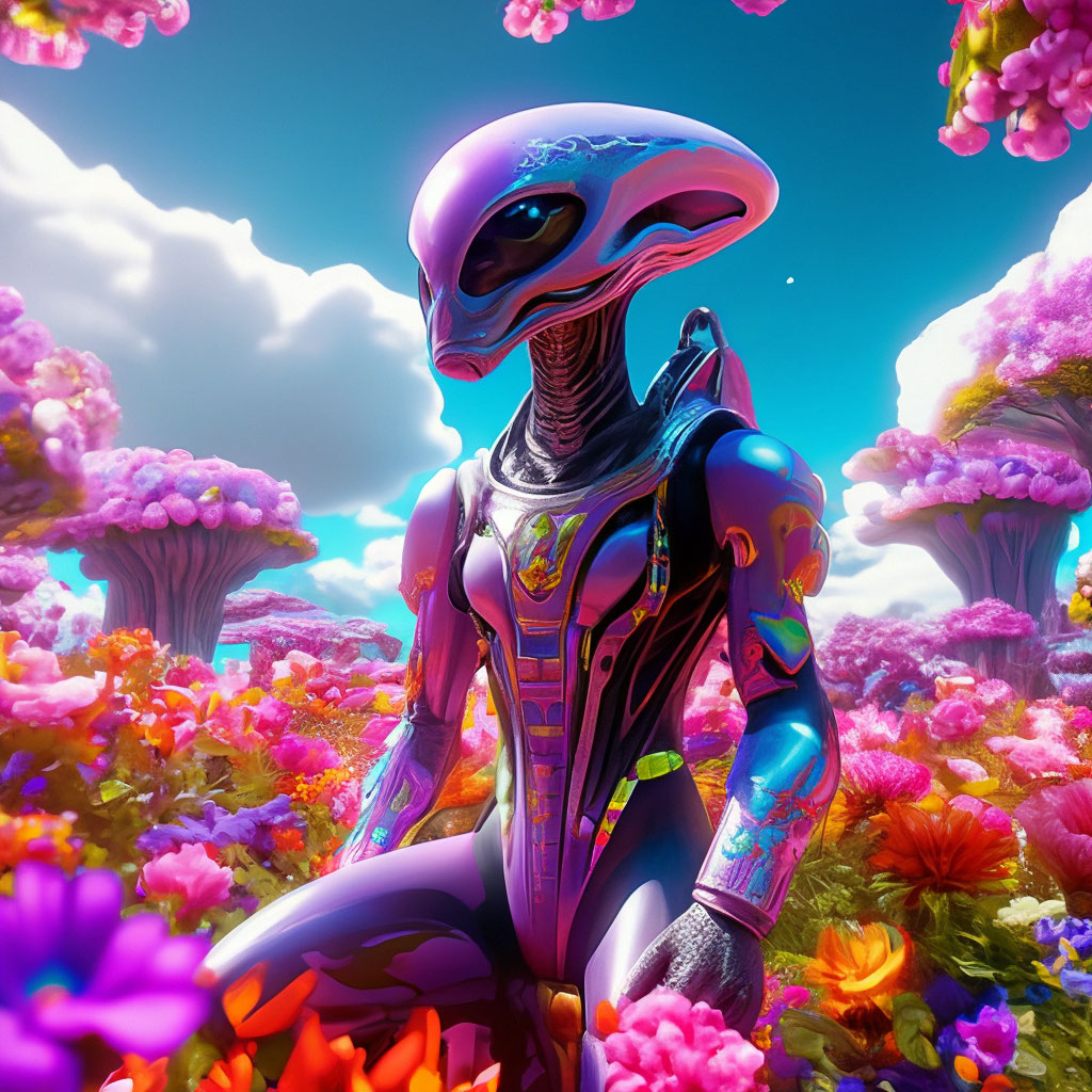 "Alien, wearing a suit, on a planet made of flowers, dreamy clouds ...