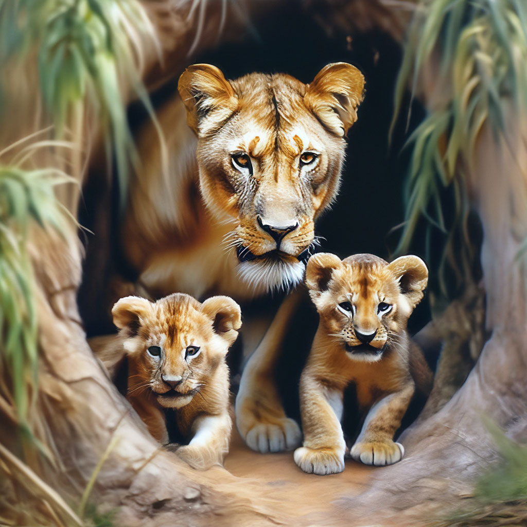 "Lion cubs come out of the hole to the lioness, realistic" — image ...