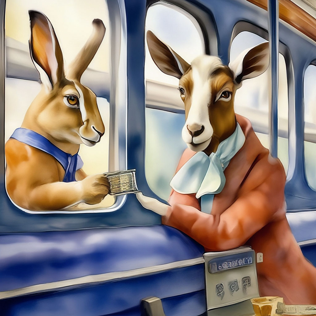 "The goat checks the hare's ticket in the tram impressionism watercolor ...
