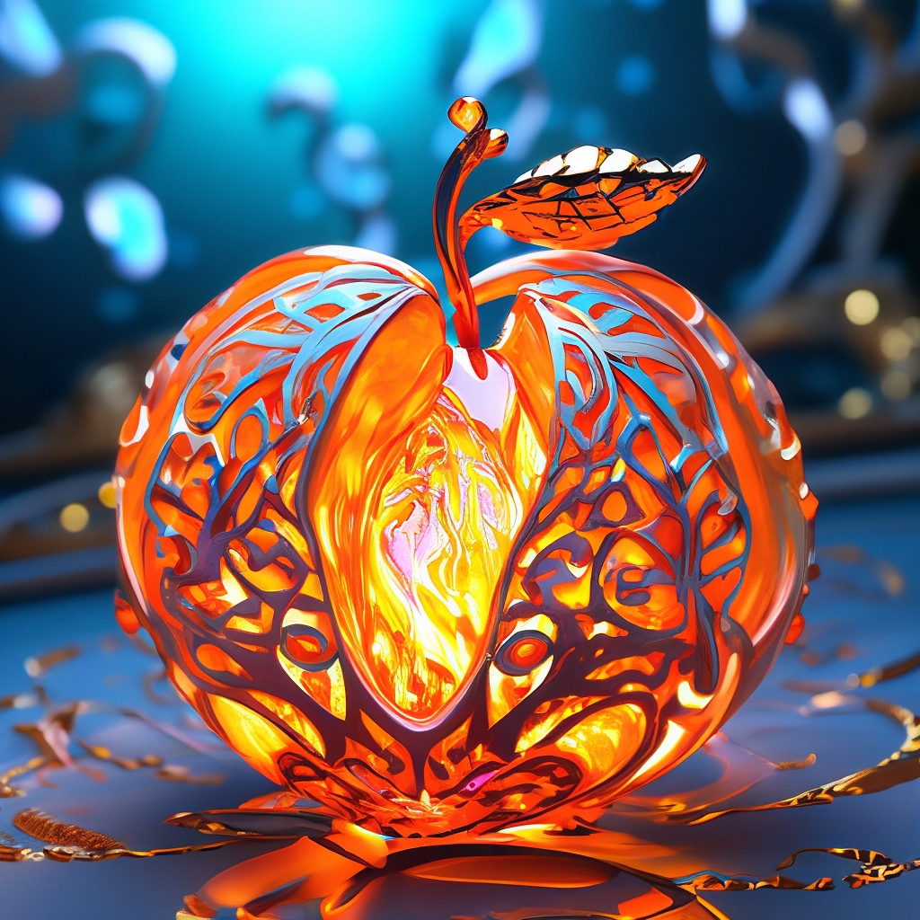 "Magic filigree peach fruit, realistic, cyberpunk, murano glass and ...