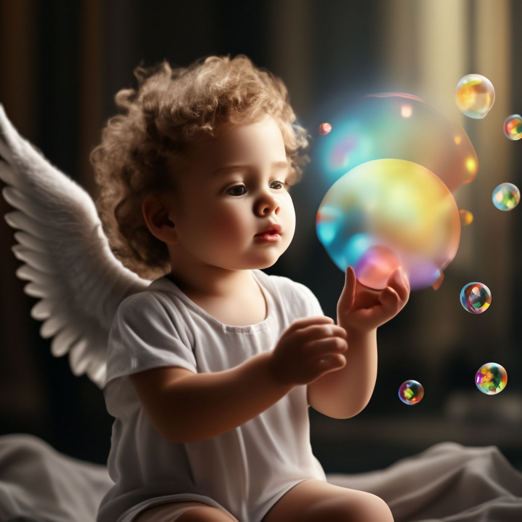 "Cute baby angel blows a rainbow out of soap bubbles" — image created ...
