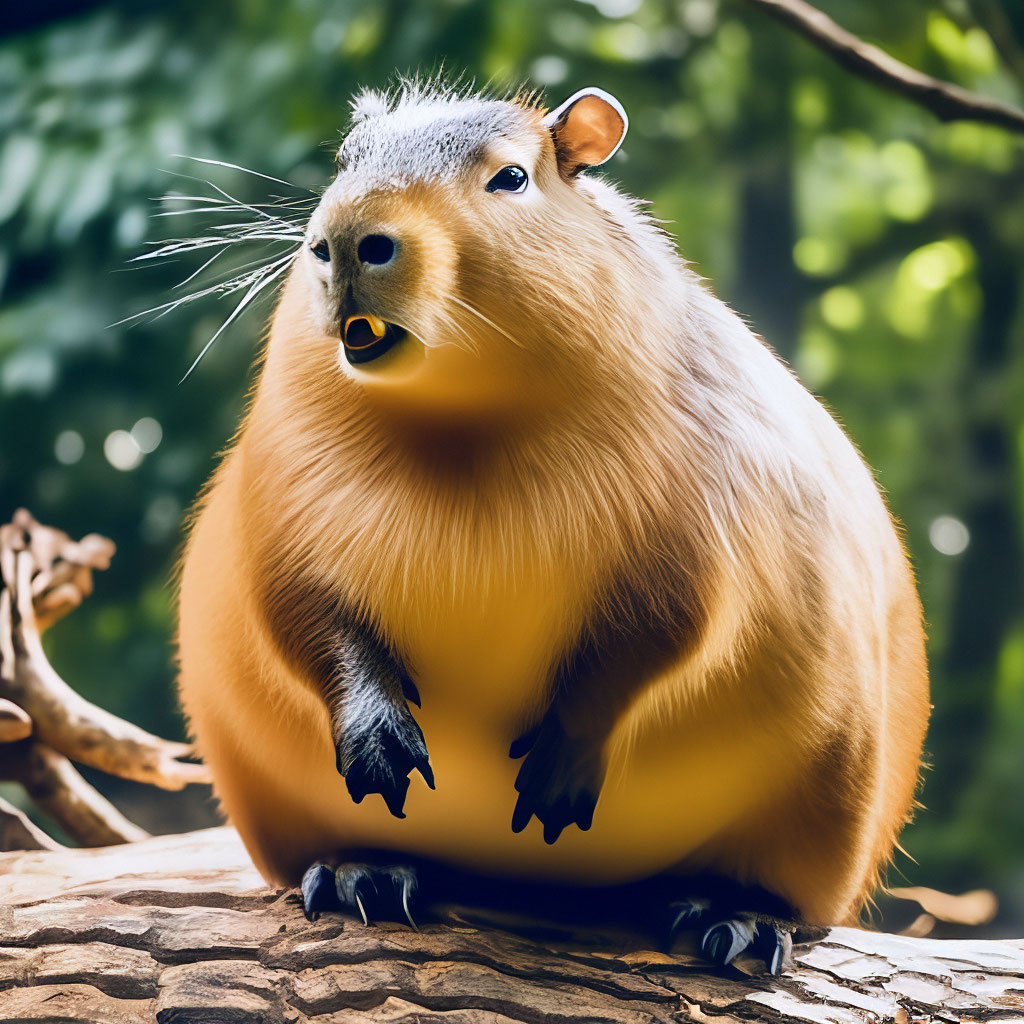 "A fat capybara with a huge belly is gnawing the bark of a tree ...