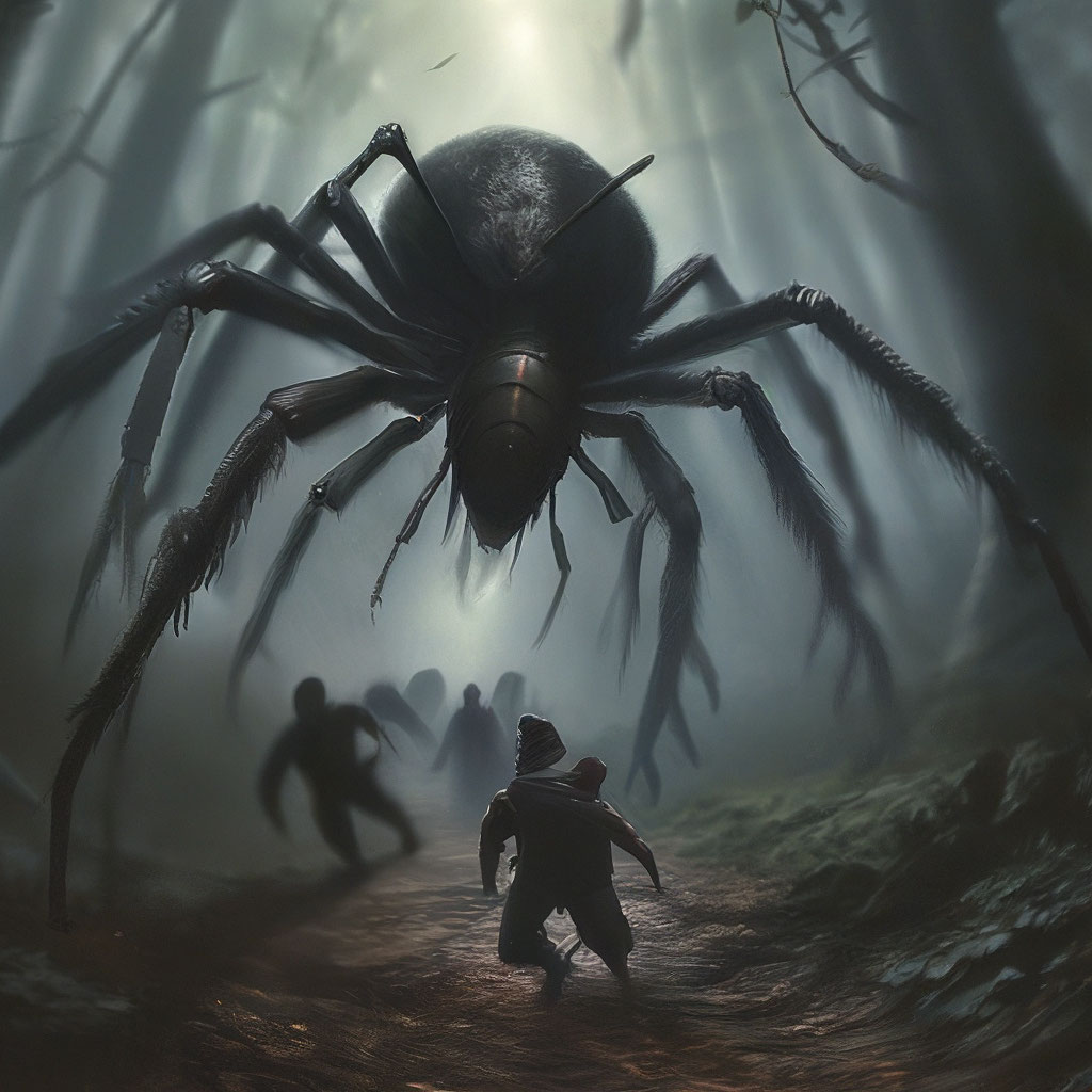 "A dark forest in which large spiders attacked people" — image created ...