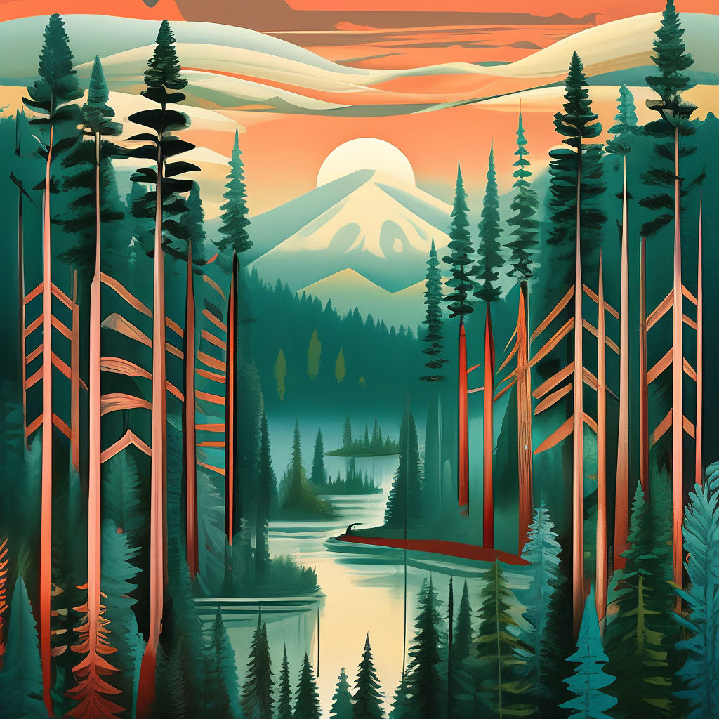 "Taiga forest in Art Deco style." — image created in Shedevrum