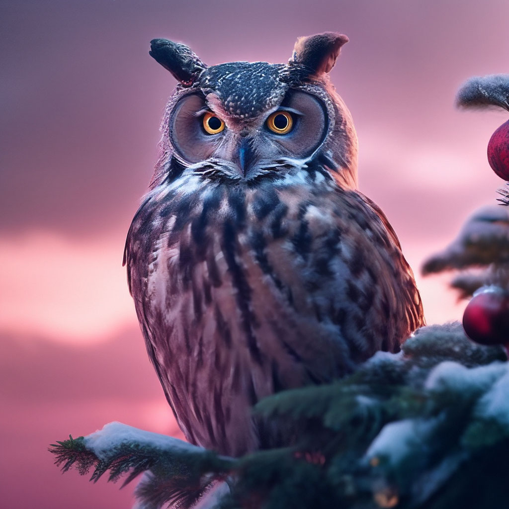 "A magnificent owl sits on a branch of…" — image created in Shedevrum