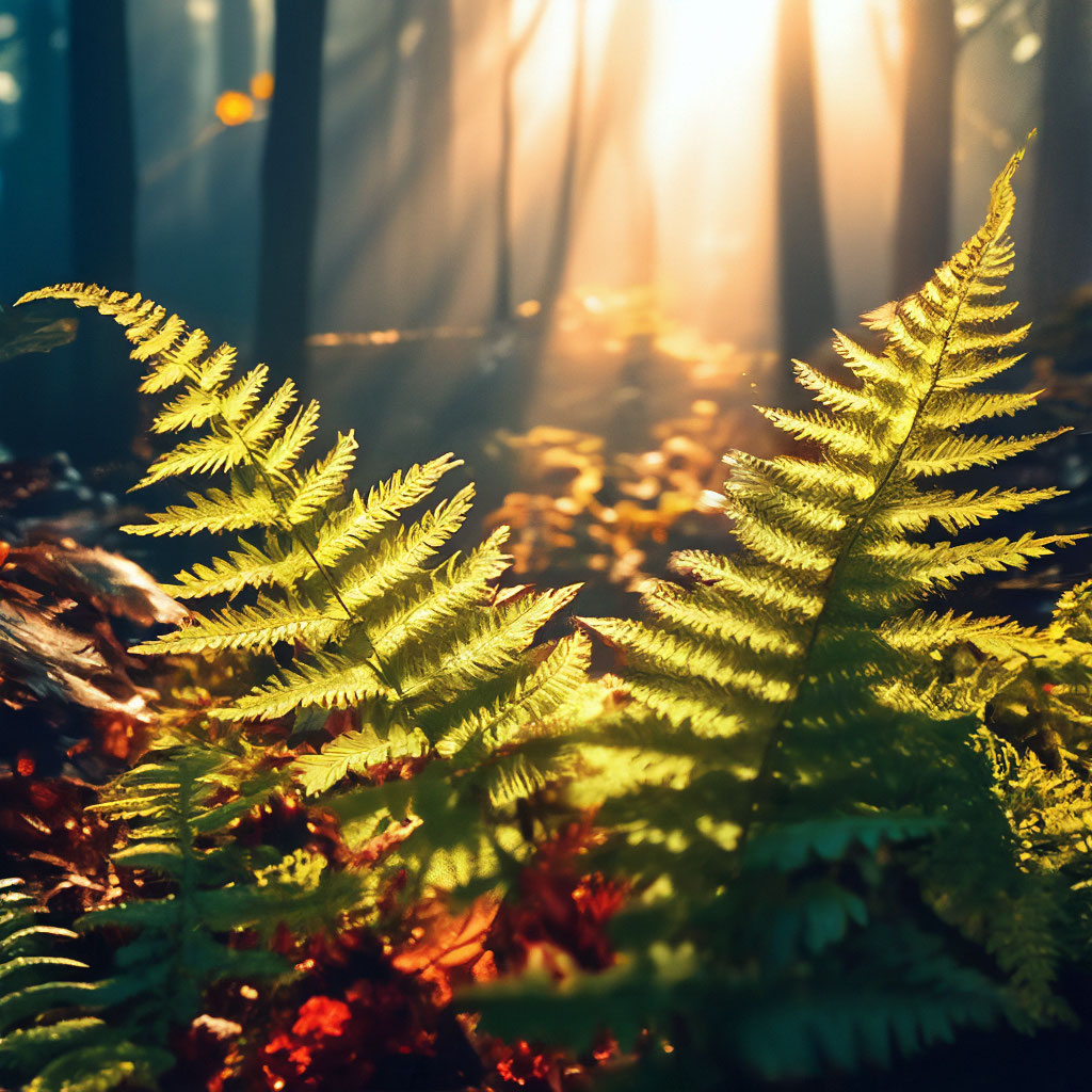 "Detailed magic fern grows in a dense fairy-tale autumn forest ...