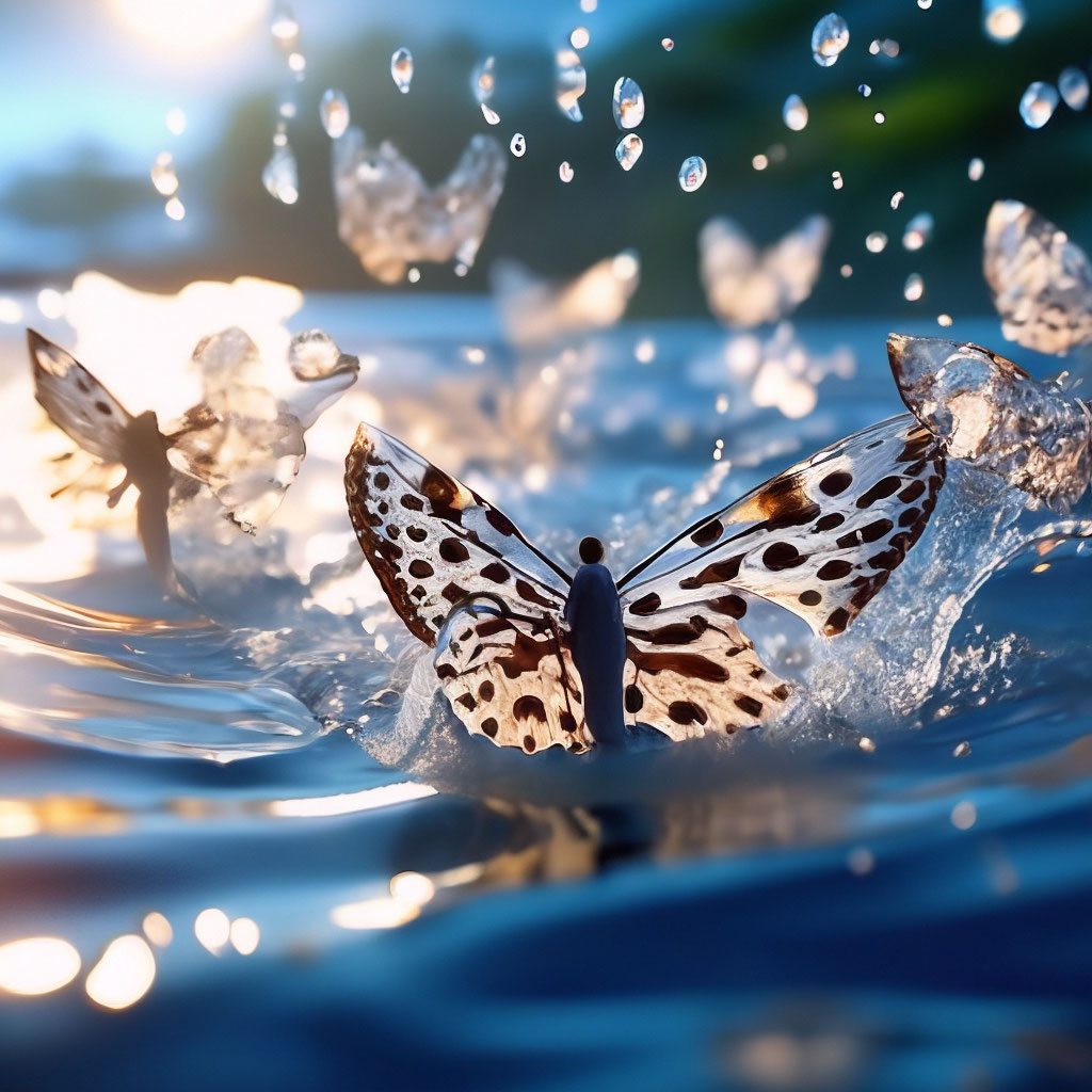 "A flock of small butterflies from the water splits into drops of water ...