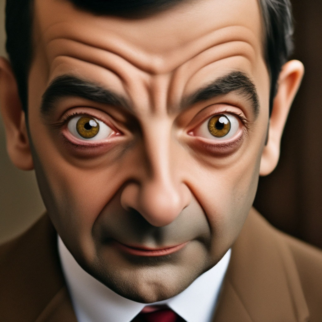 "Mr. Bean with huge graduation eyes and nose, photorealism ...