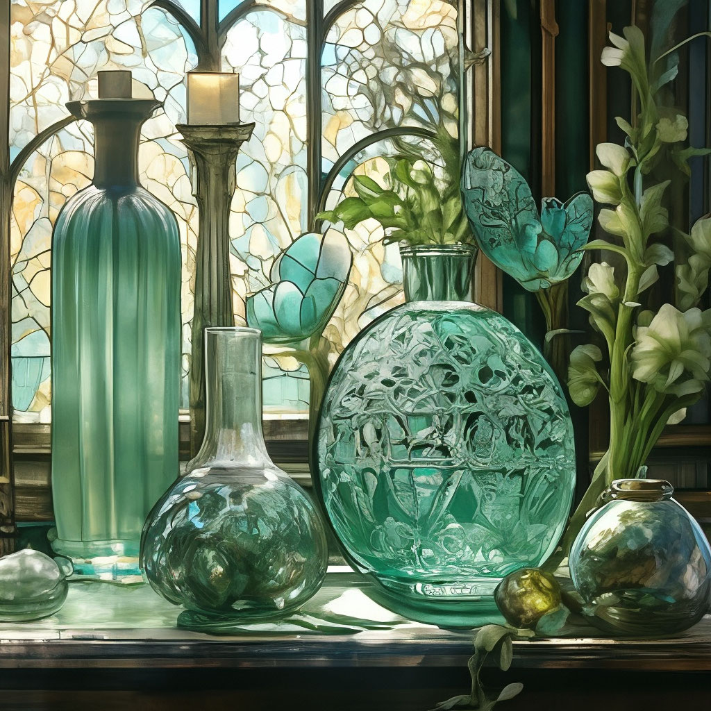 "Still-life stained glass, drawing, grunge, glass, dark botanical ...