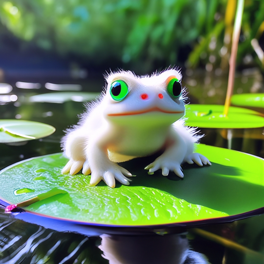 "A very cute, white and fluffy Toad, sitting on a lily pad in the river ...