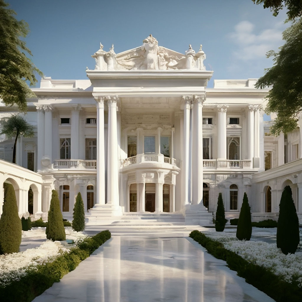 "White marble palace, classic style, exterior" — image created in Shedevrum