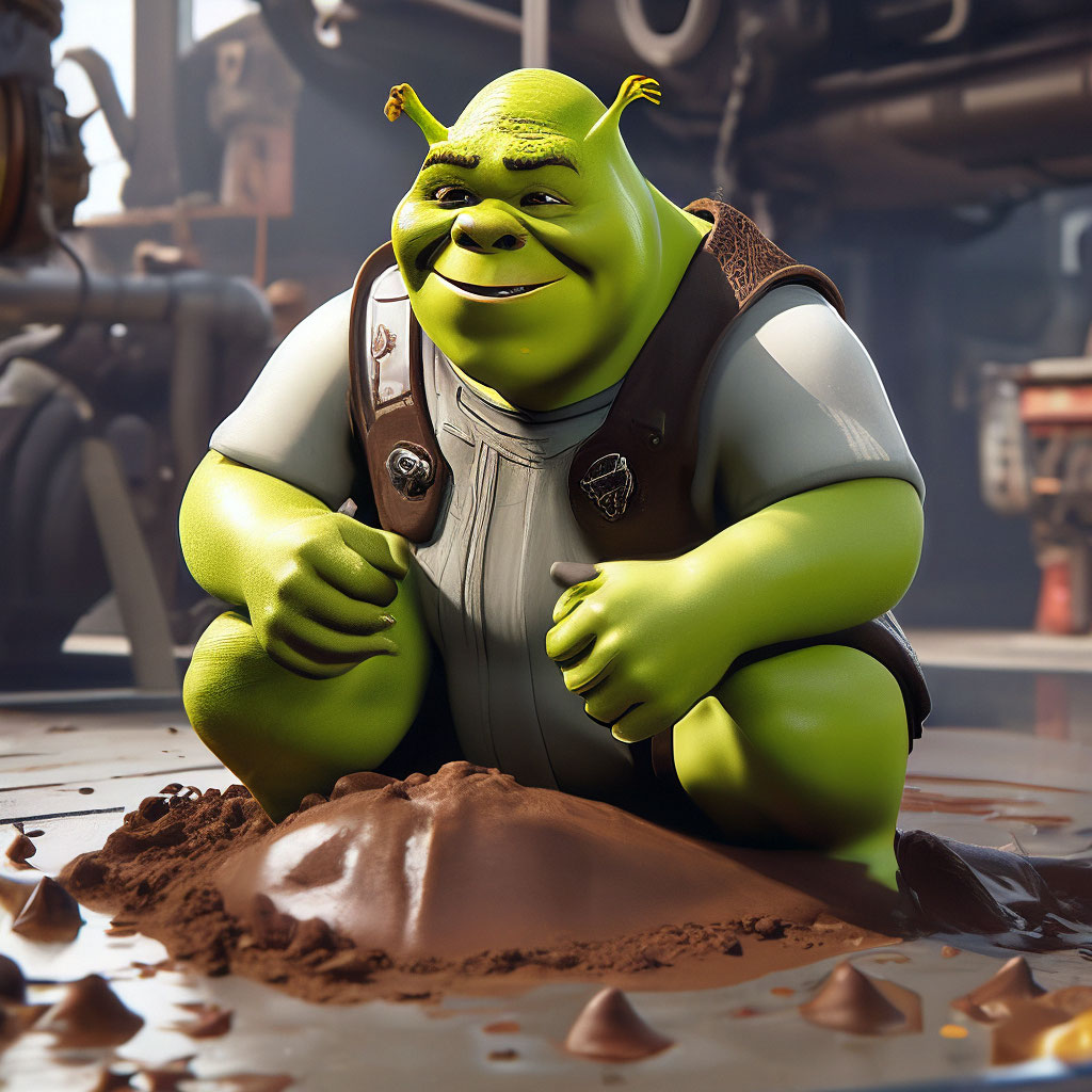 "Sad Shrek is squatting under a small pile of chocolate ice cream, the ...