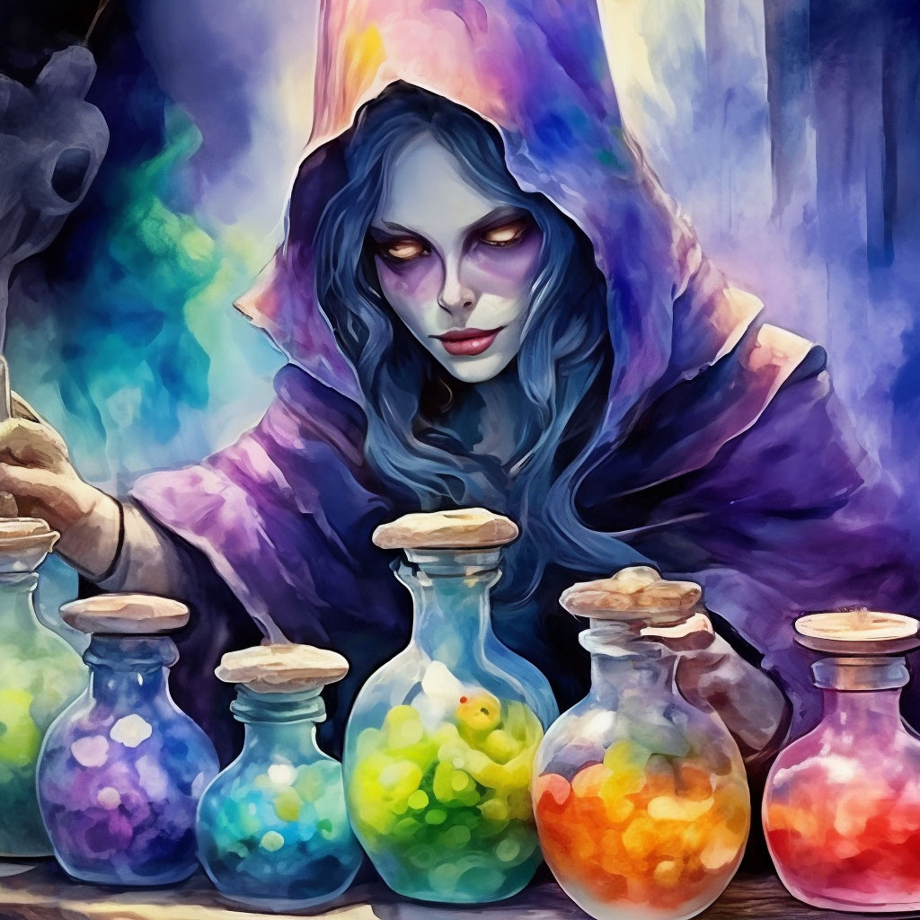"The Witch Multicolored potions.Bright appearance. Horror, mysticism ...