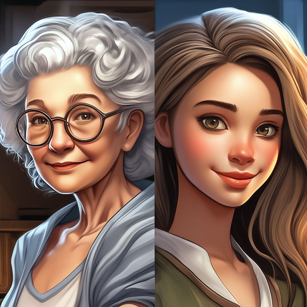 "Realistic comic style, high detail, beautiful girl, young and old ...