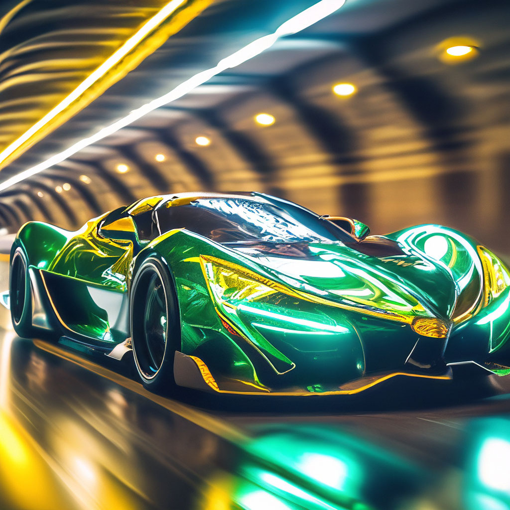 "Bionic sports car covered with sapphire and emerald rushes at high ...