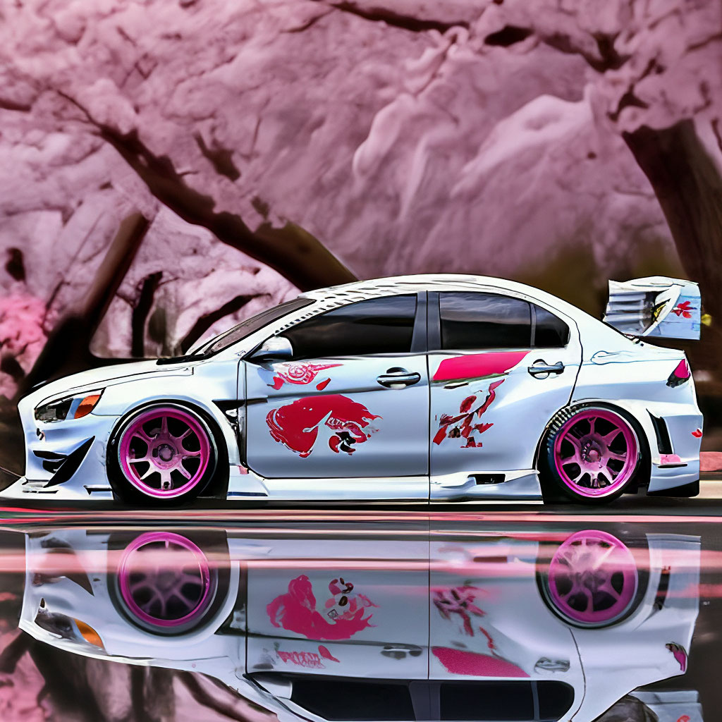 "White Mitsubishi lancer evolution, side art with sakura and samurai in ...