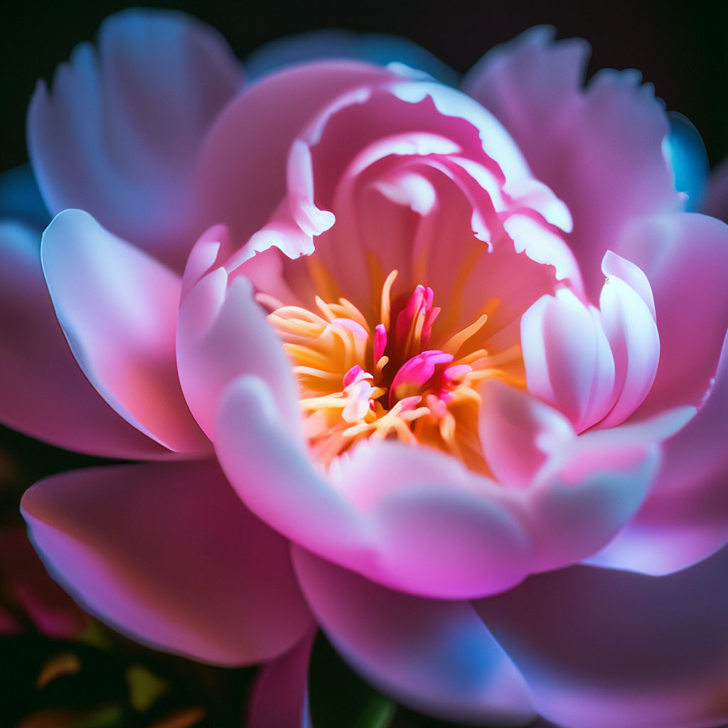 "Delicate light pink peony close-up with a shining center in neon ...