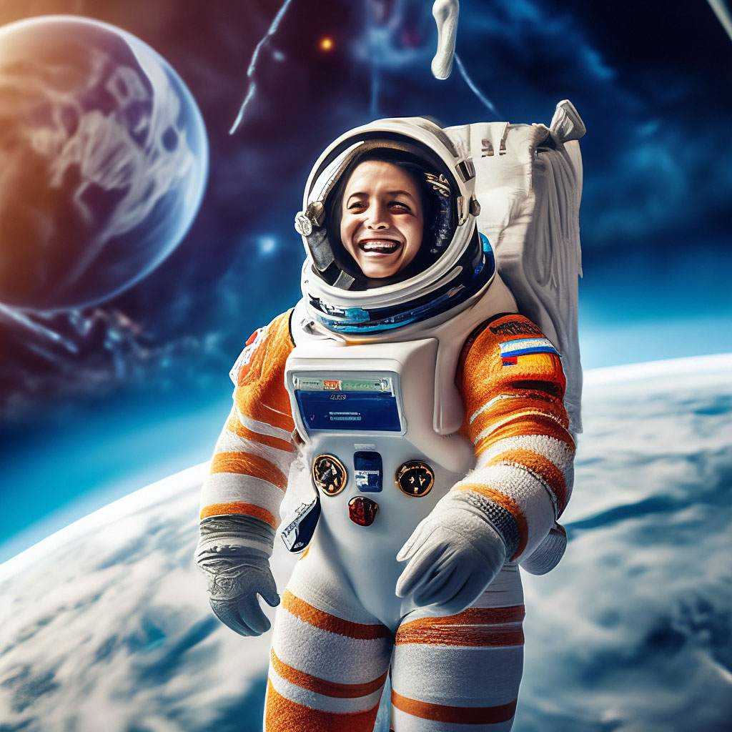 "A smiling Russian cosmonaut in outer space in a knitted spacesuit next ...