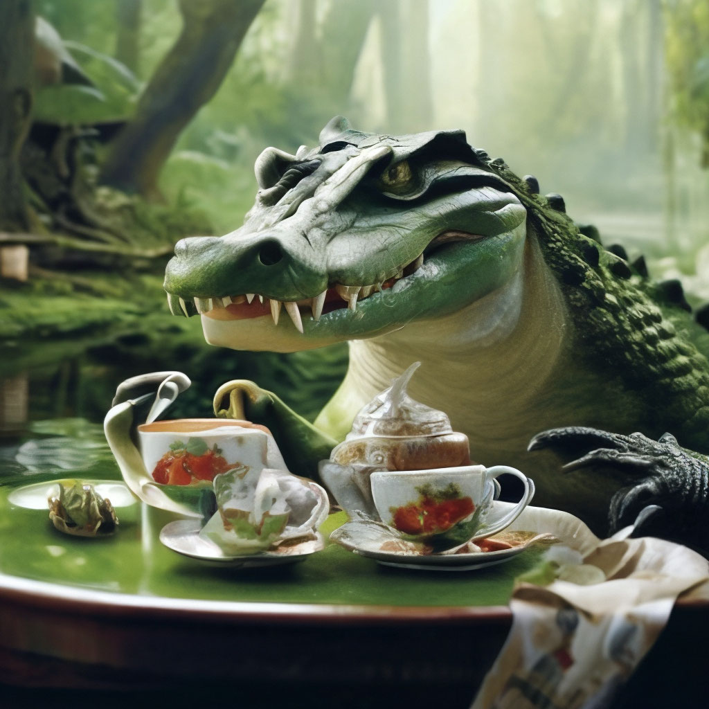 "Crocodiles drink tea" — image created in Shedevrum