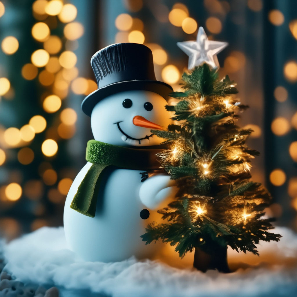 "A snowman hugs a Christmas tree" — image created in Shedevrum