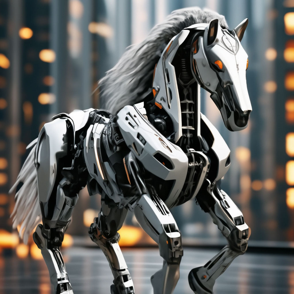 "Metal horse-cyborg of the future, white iron, futuristic landscape ...