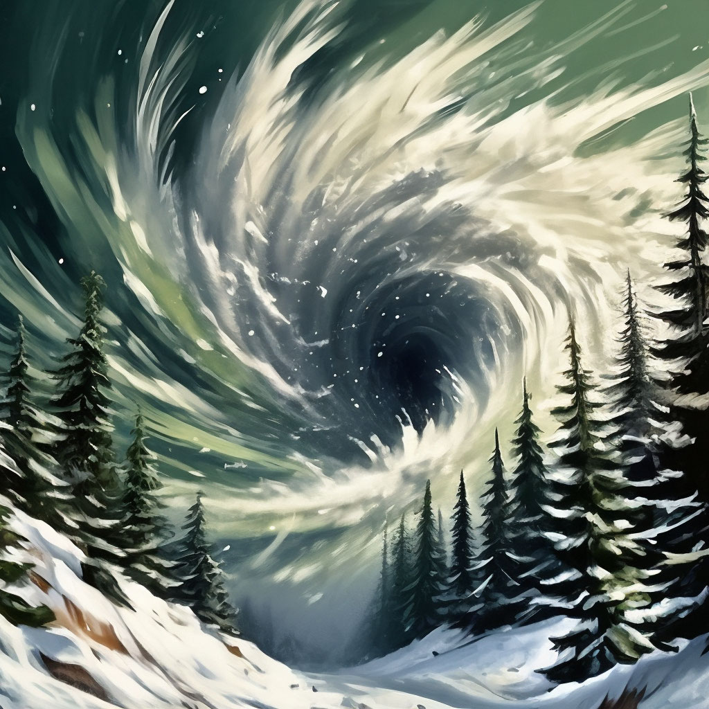 "Snow tornado in winter forest, hyperdetalization, rough dark strokes ...