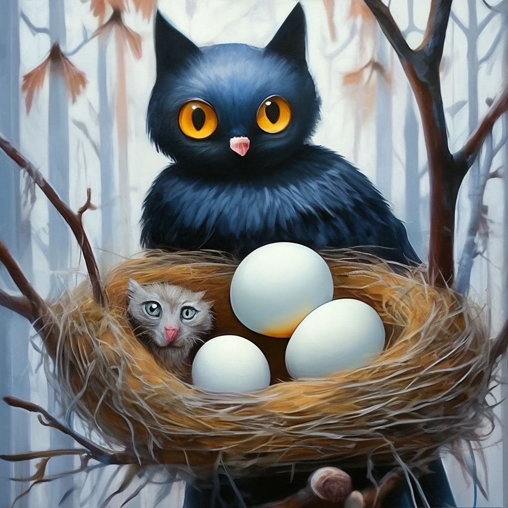 "A cat with a crow on a branch, building a family nest and laying eggs ...