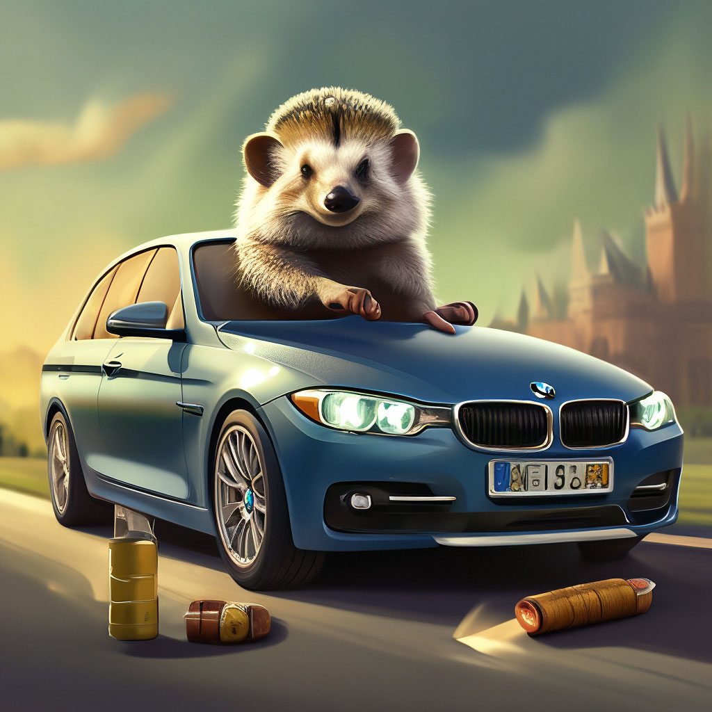 "Hedgehog on a bmw with a cigar" — image created in Shedevrum