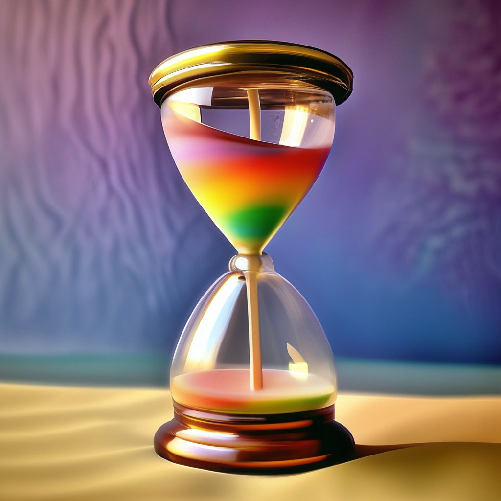 "Hourglass, multicolored sand in the clock, realism, beautiful, real ...