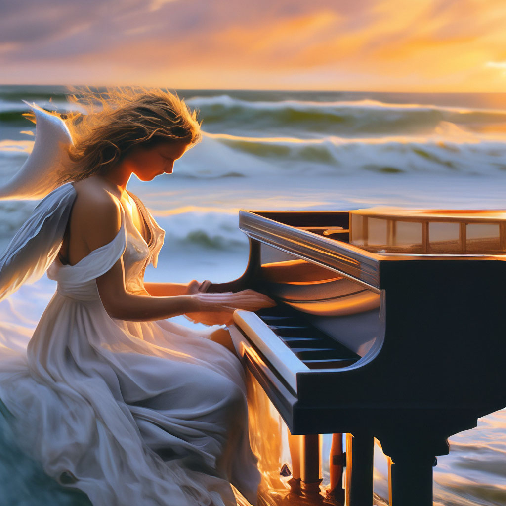 "An angel with wings plays the piano on the ocean, sunset, waves ...