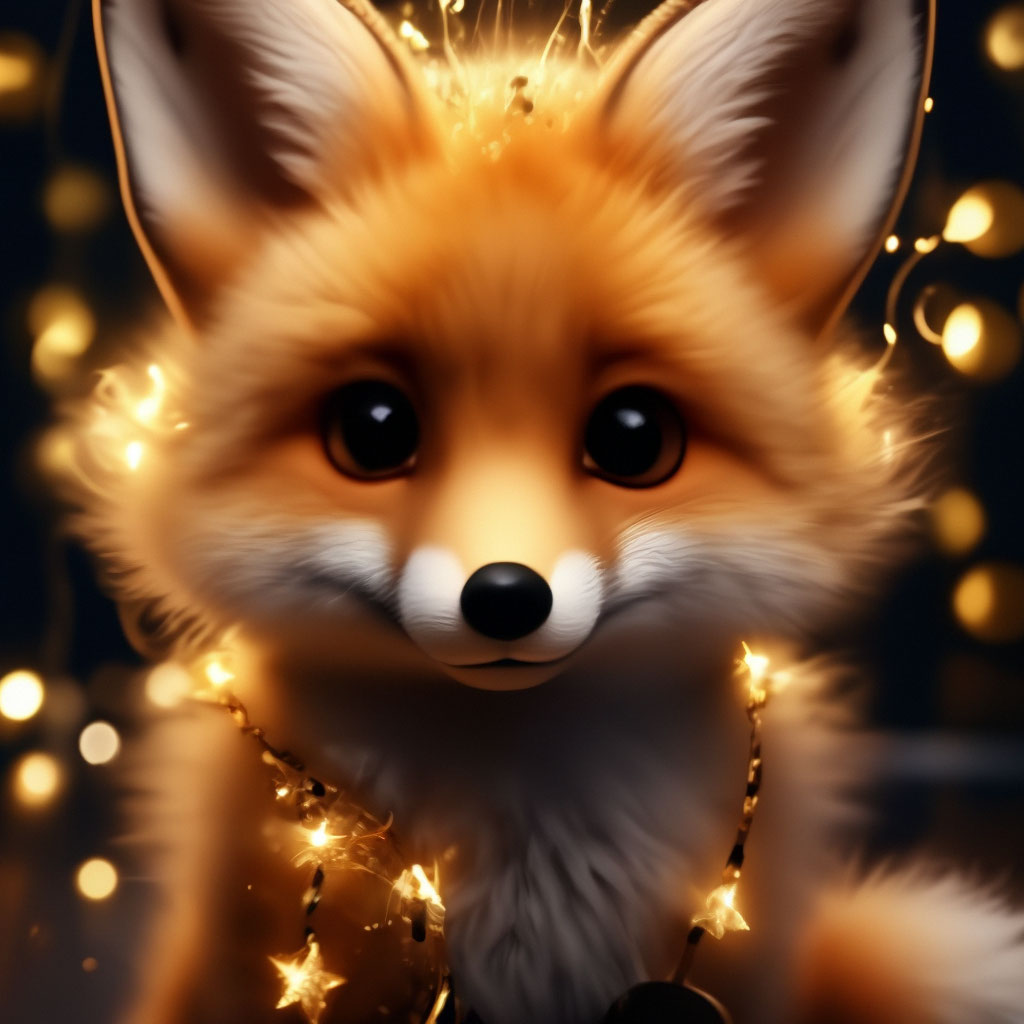 "Fluffy cartoon cute fox cub with a golden Christmas garland hanging on ...