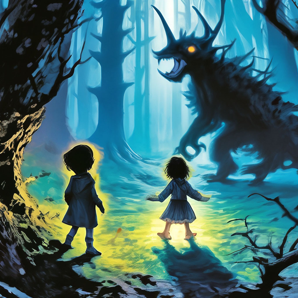 "Fairy tale, (child's shadow in a horror forest:1.2), (by David lynch:1 ...