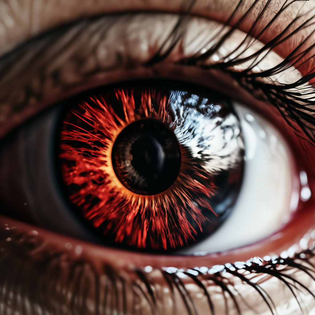 "Red eye, detail, reflection in the eye, 3d" — image created in Shedevrum