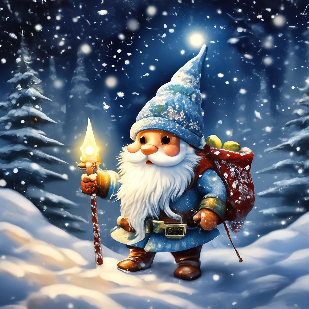 "A little gnome new year carries a Christmas tree through snowdrifts ...