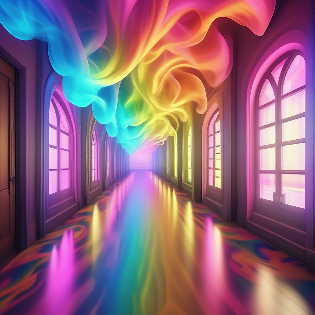 "Light wavy funny fantasy long endless rainbow smoke corridor with big ...