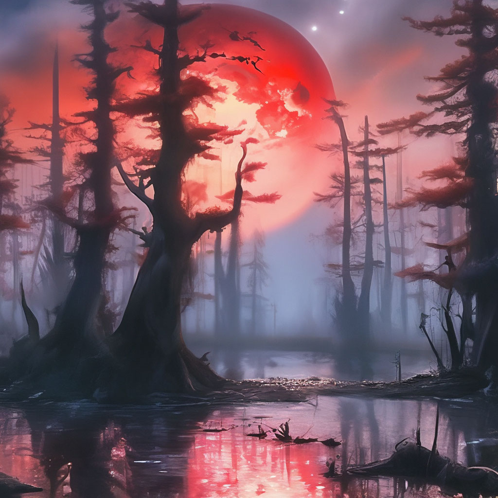 "Gnarled trees in a swamp, + watercolor painting of a huge red moon ...