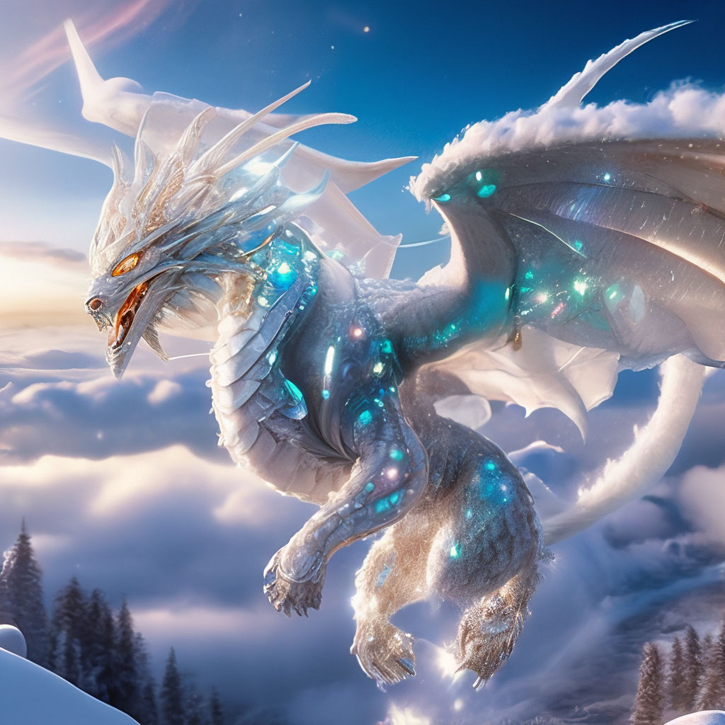 "Flying in the sky under the clouds, a crystal snow-covered dragon with ...