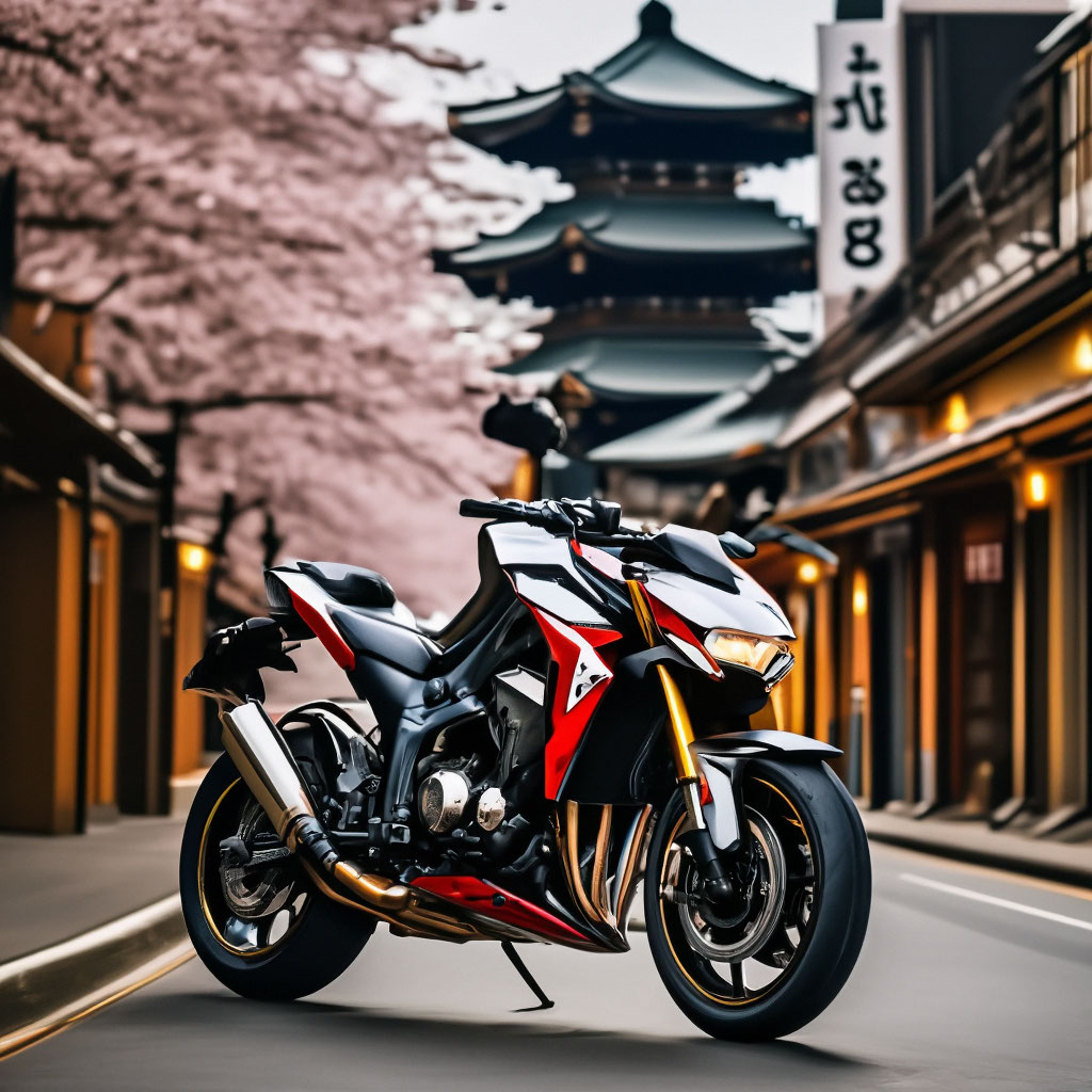 "Kawasaki Z1000 on Japan street, pagoda, sakura, 1024K, FULL HD. 5D ...