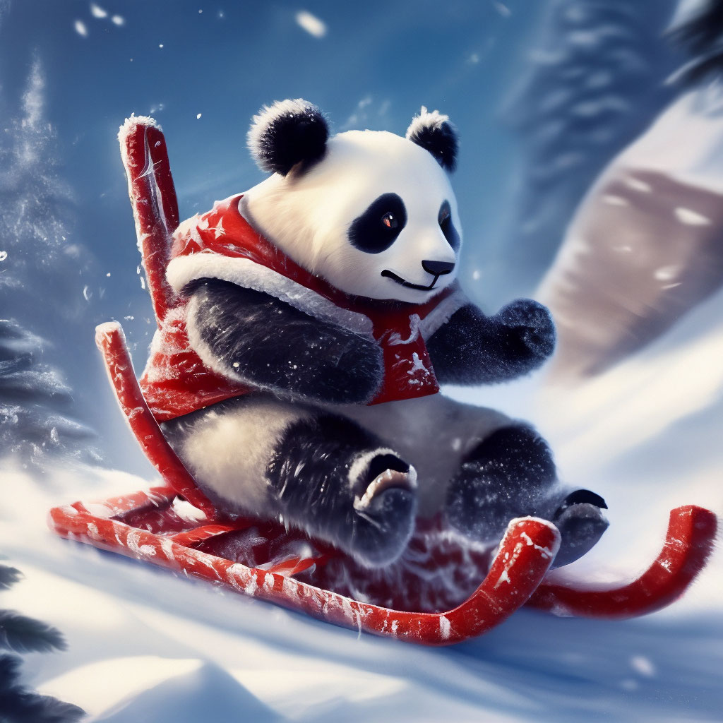 "Panda goes sledding in winter" — image created in Shedevrum