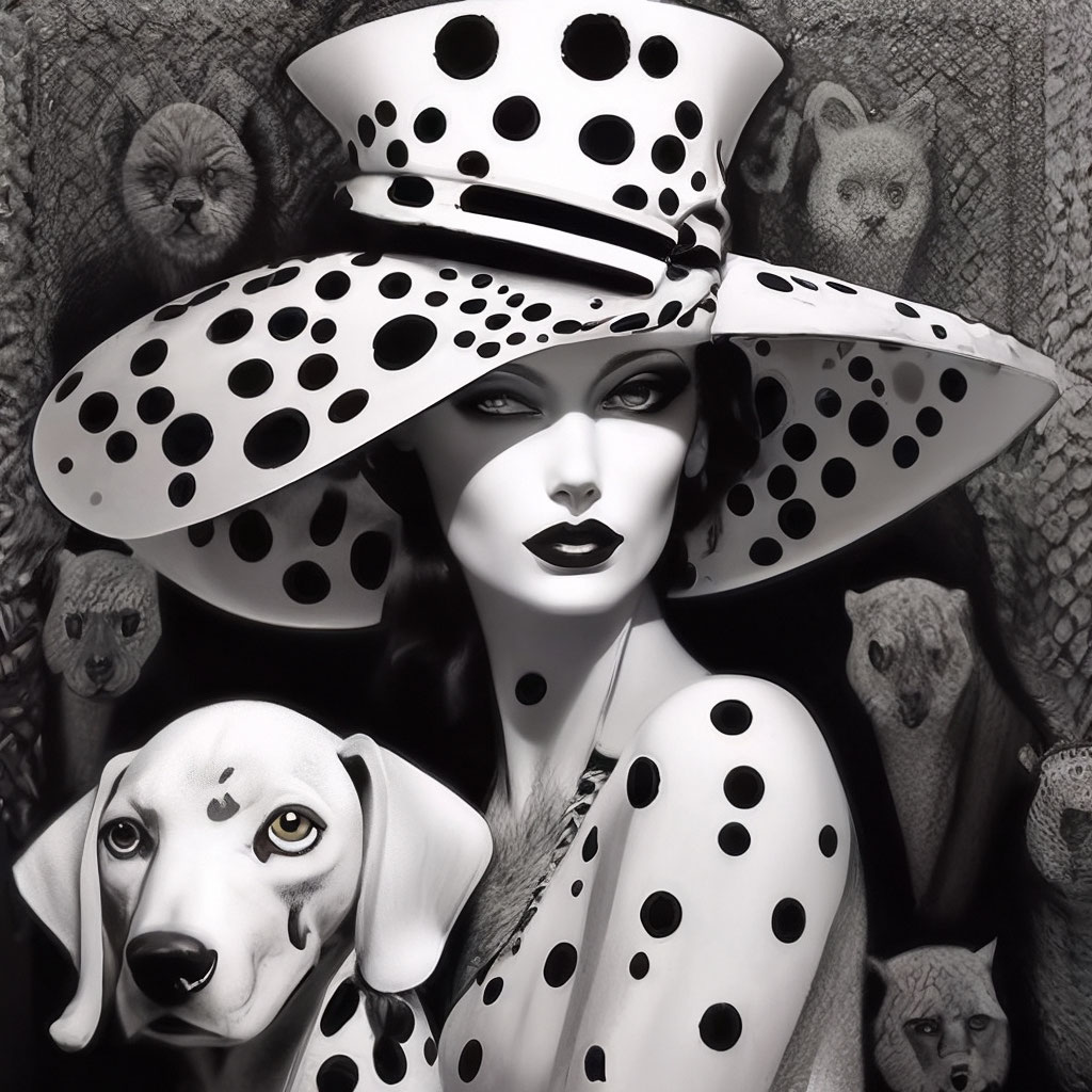 "Fashionable elegant lady with a Dolmatian,grotesque,in a hat,large ...