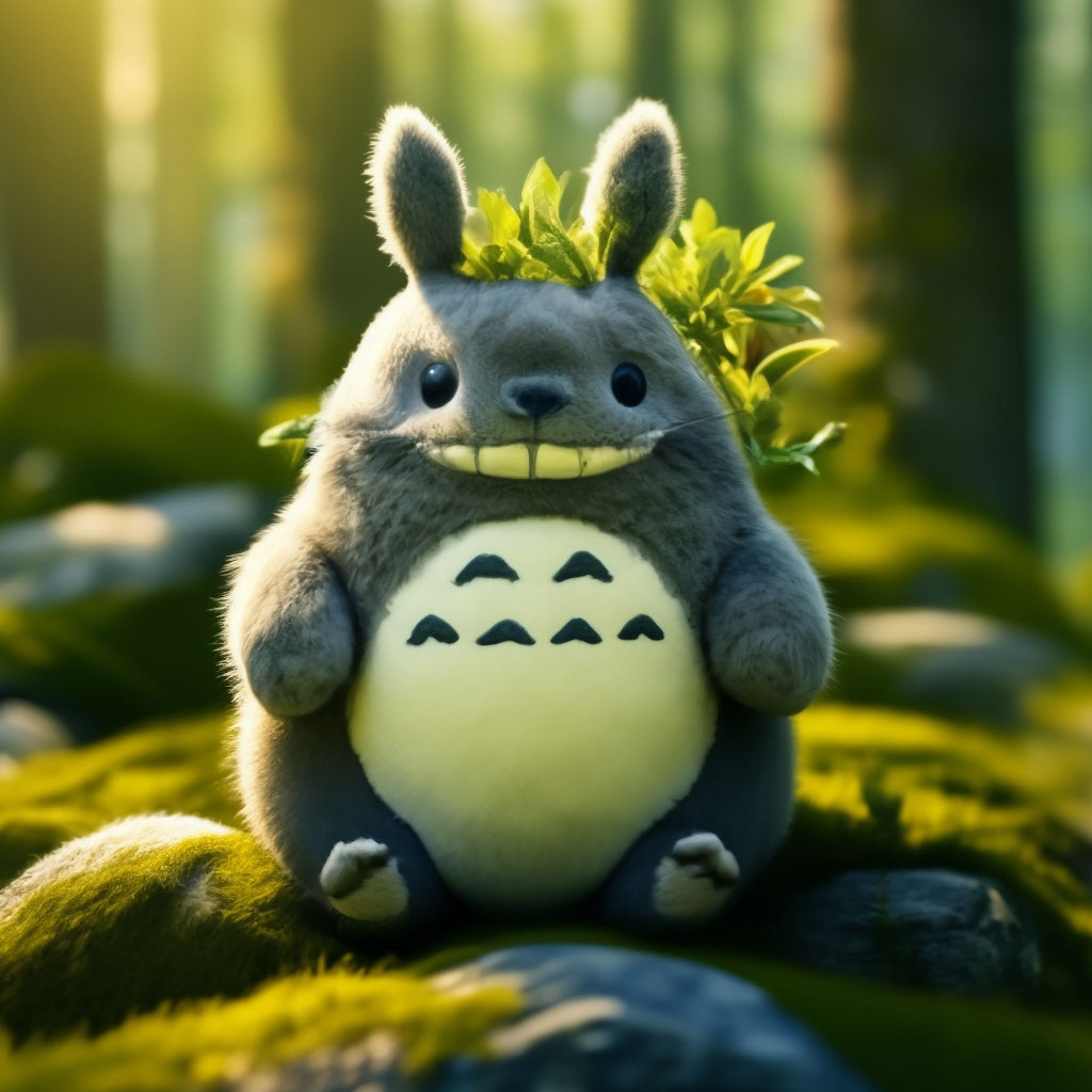 "Huge fluffy cute Totoro is sitting in the forest, plants, trees ...