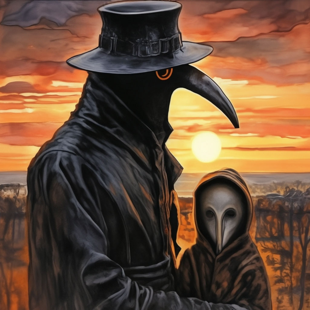 "The plague doctor and the human child horror, wet watercolor painting ...