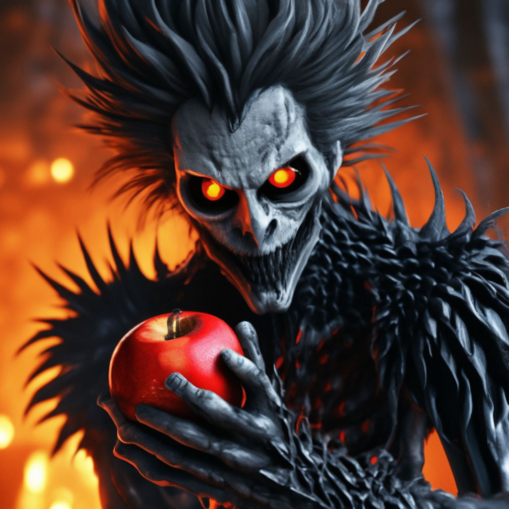"Ryuk holds an apple, in Hell, in the style of IroT , surrealism, guy ...