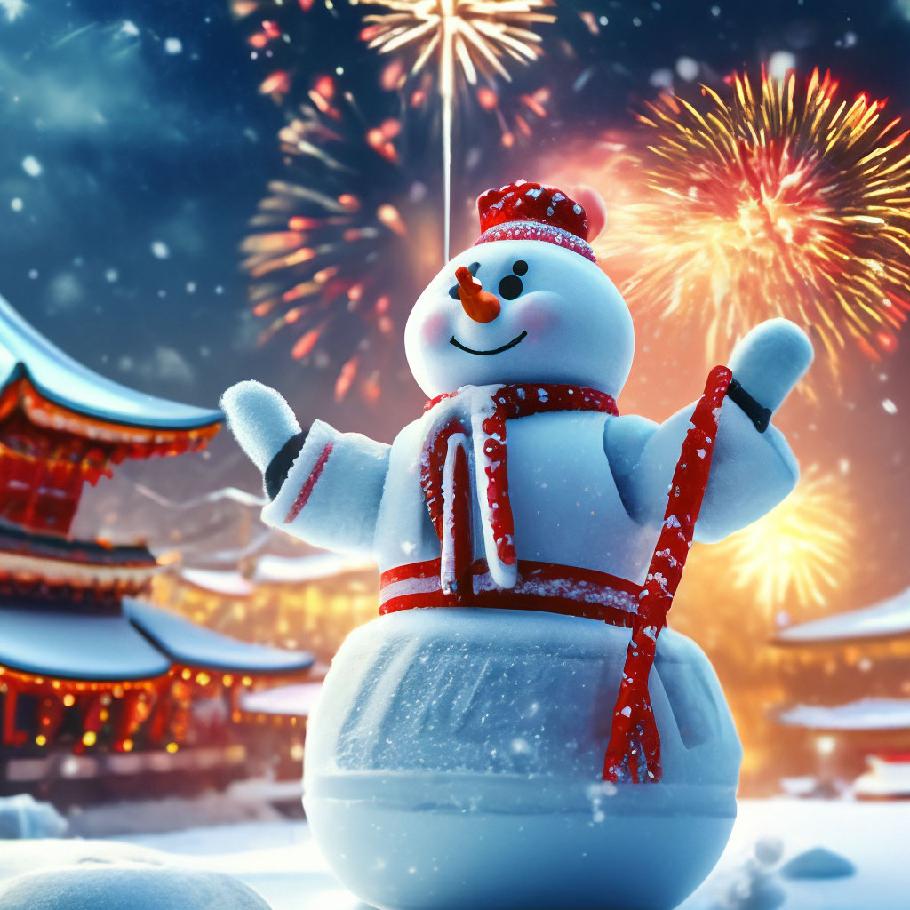 "Snowman in oriental clothes, snow, snowdrifts, fireworks ...