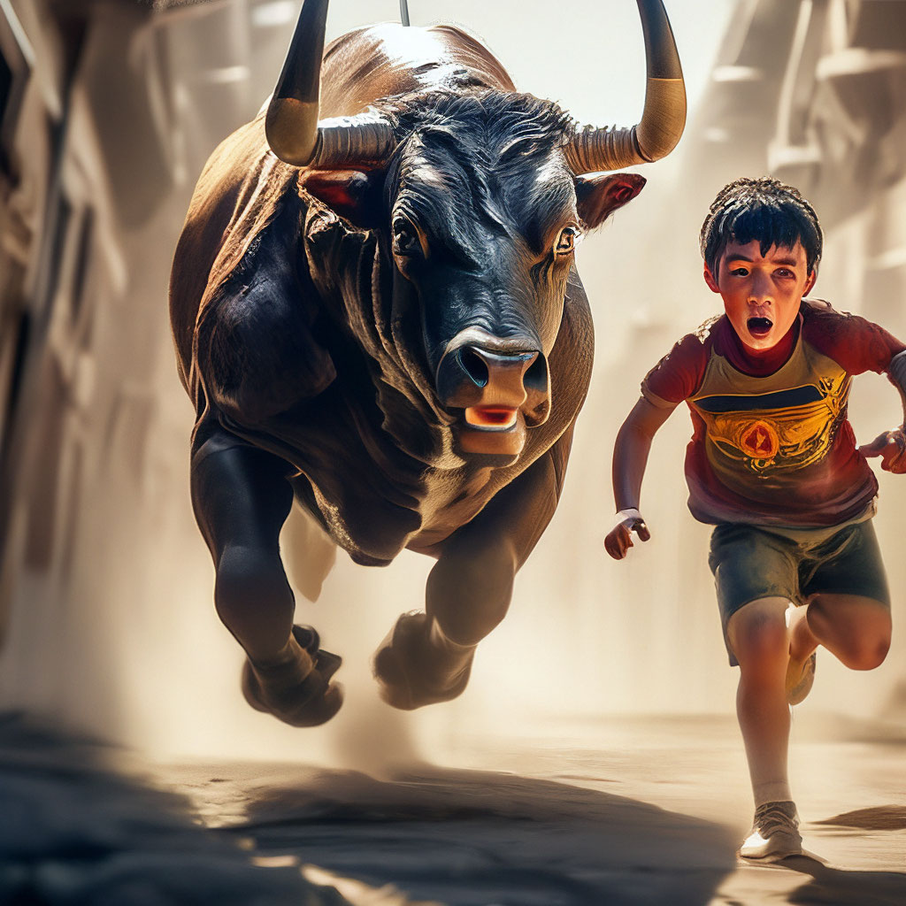 "The boy is running in horror from an angry angry giant bull +coherent ...